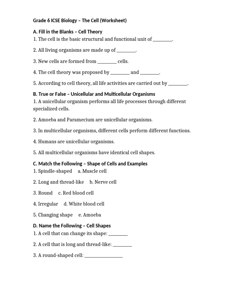 Grade6 ICSE Biology Cell Worksheet | PDF | Cell (Biology) | Biology