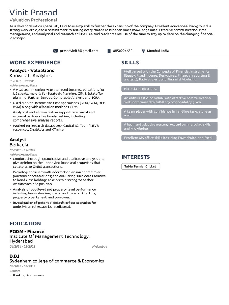 Vinit Prasad BV Resume | PDF | Valuation (Finance) | Financial Analyst