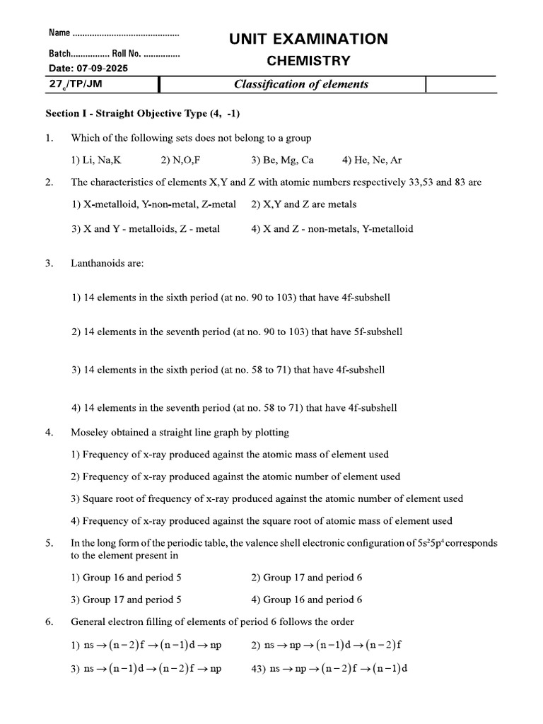JEE MAIN (Classification of Elements) 07-09-2025 [LT27 SP [(G1-4 NOR) & (G1 - 2 NK)] | PDF