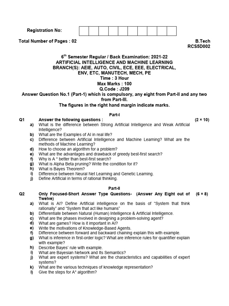 Artificial Intelligence and Machine Learning 6th Ae Ce Etc Ee Me Pe 2021 22 Btech | PDF ...