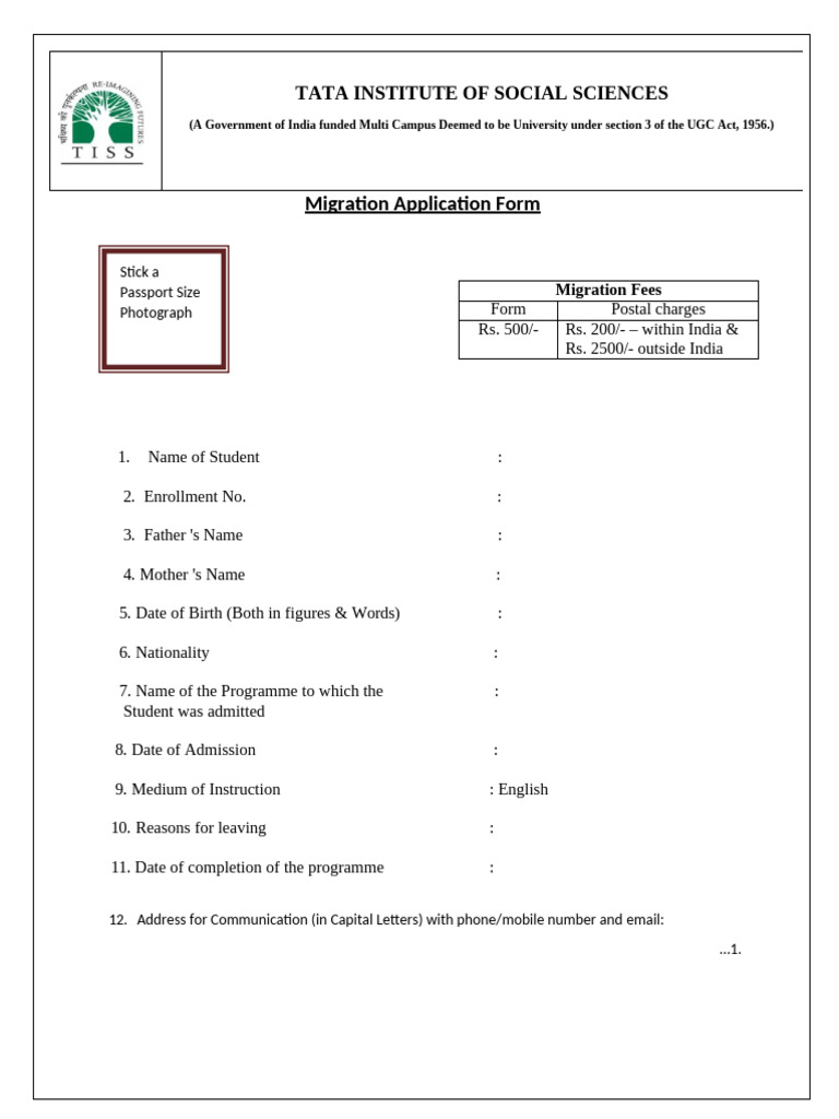 TISS Migration Application Form Guide | PDF
