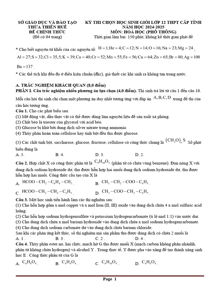 2024-2025 HSG Hóa 12 Huế - File Đề.docx | PDF