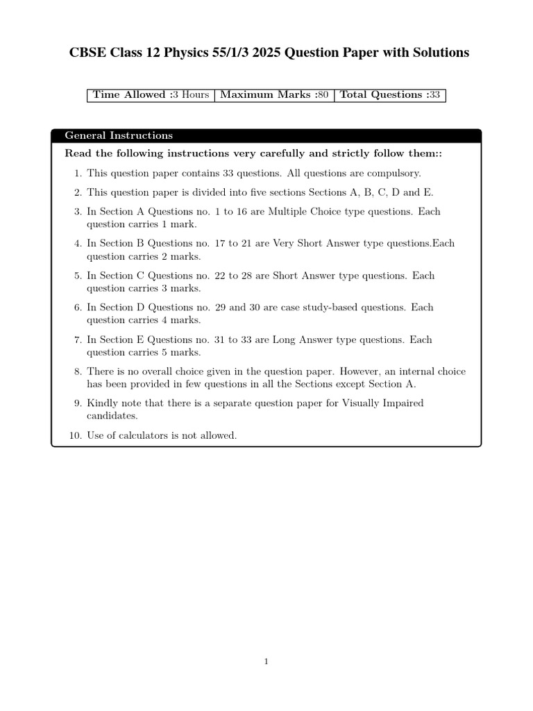 CBSE Class 12 Physics 2025 Question Paper | PDF | Photoelectric Effect ...