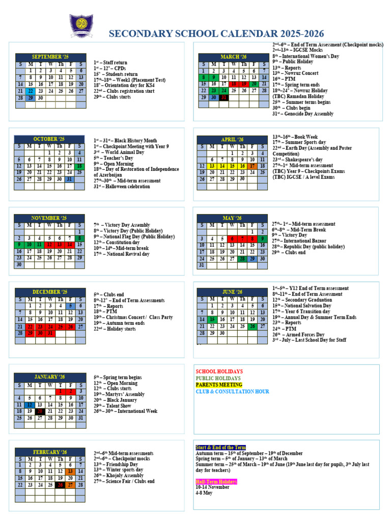 Secondary School Calendar 2025-2026 | PDF