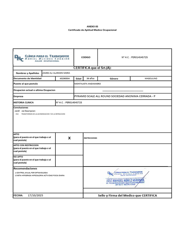 James Ali Alarcon Mora Examen Medico | PDF