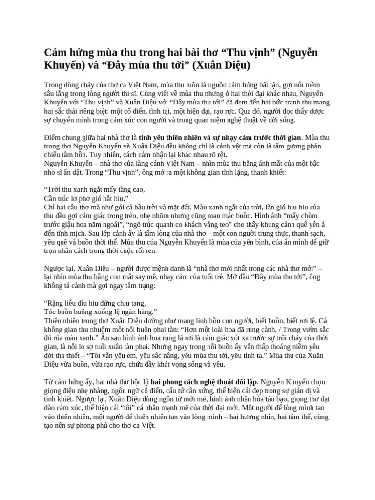 Cảm Hứng Mùa Thu Trong Hai Bài Thơ | PDF