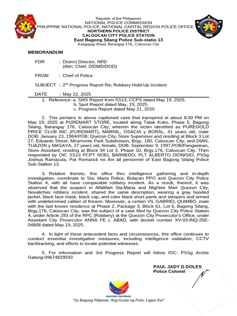 2nd Progress REPORT SS13 Robbery May 19 2025 | PDF | Law Enforcement ...