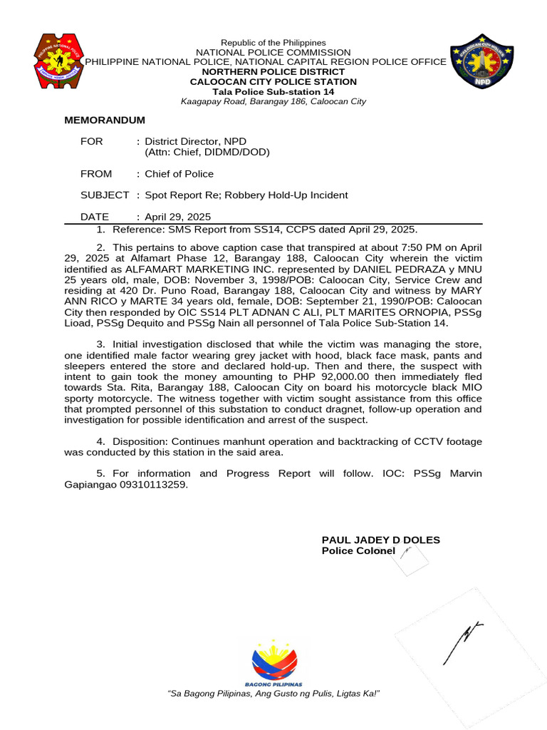 Spot Report Robbery April 29 2025 | PDF