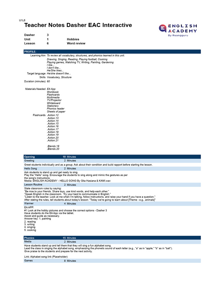 Teacher Notes Dasher 3 - U1L6 | PDF | Phonics | Communication