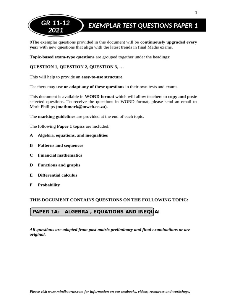 Grade 11 Maths Exam Questions Guide | PDF | Equations | Algebra