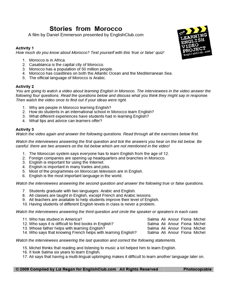 Morocco Class Worksheet | PDF | Morocco | English Language