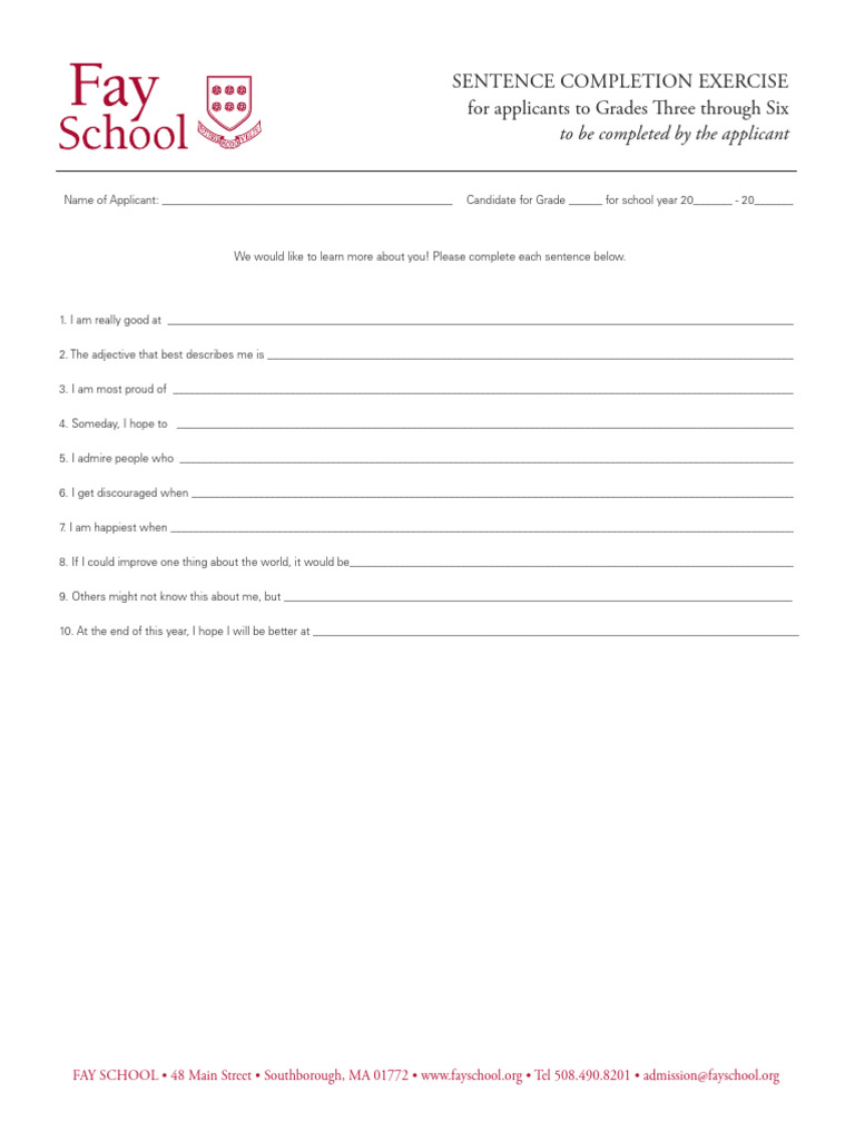 Lower School Sentence Completion Form | PDF