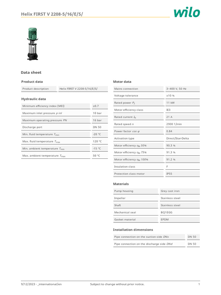 Wilo Jokey Pump Motor Data Sheet | PDF | Pump | Gas Technologies