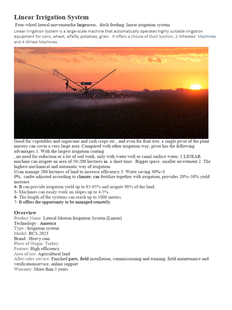 Efficient Linear Irrigation System Overview | PDF | Irrigation | Automation
