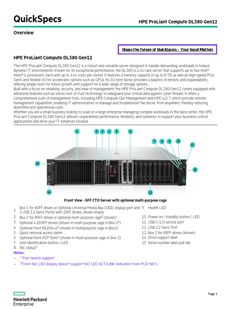 HPE ProLiant Compute DL380 Gen12 QuickSpecs-a00073551enw | PDF | Booting | Computing