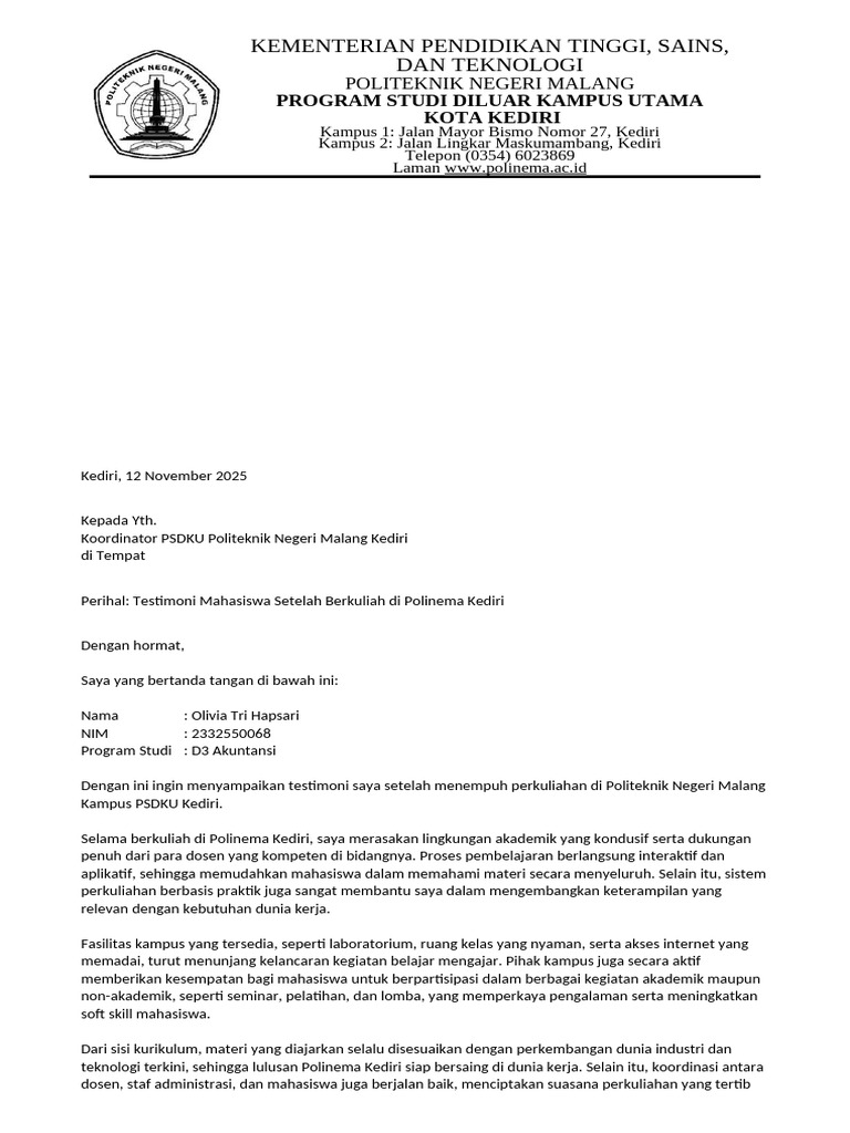Surat Testimoni Olivia Tri Hapsari Dengan Kop | PDF