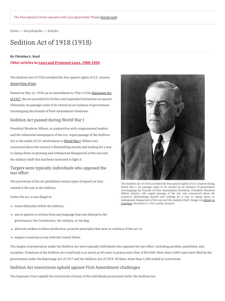 Sedition Act of 1918 - The First Amendment Encyclopedia | PDF | United ...
