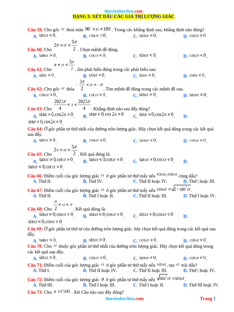 Toan 11 Dang 3 Xet Dau Cac Gia Tri Luong Giac | PDF