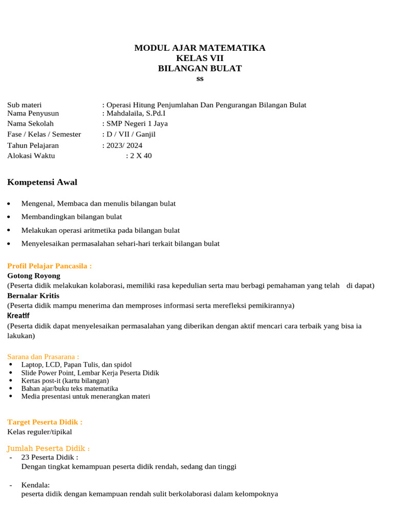 Modul Ajar Matematika Ela Print | PDF