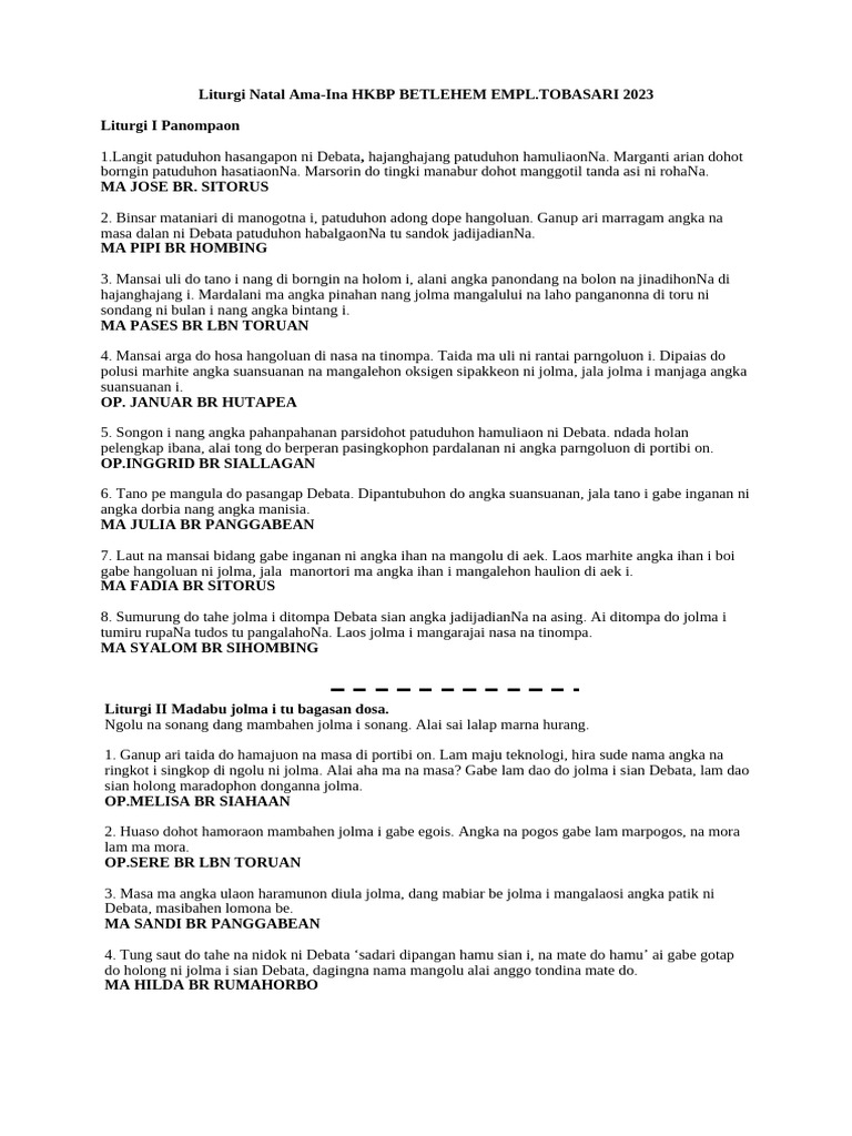 Liturgi Natal Ama-Ina HKBP Betlehem 2023 | PDF