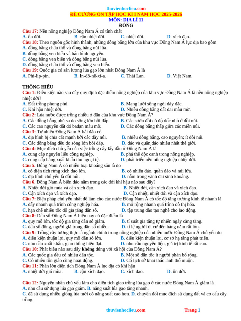 Thuvienhoclieu.com de Cuong on Tap Cuoi HK1 Dia Li 11 Canh Dieu 25 26 | PDF