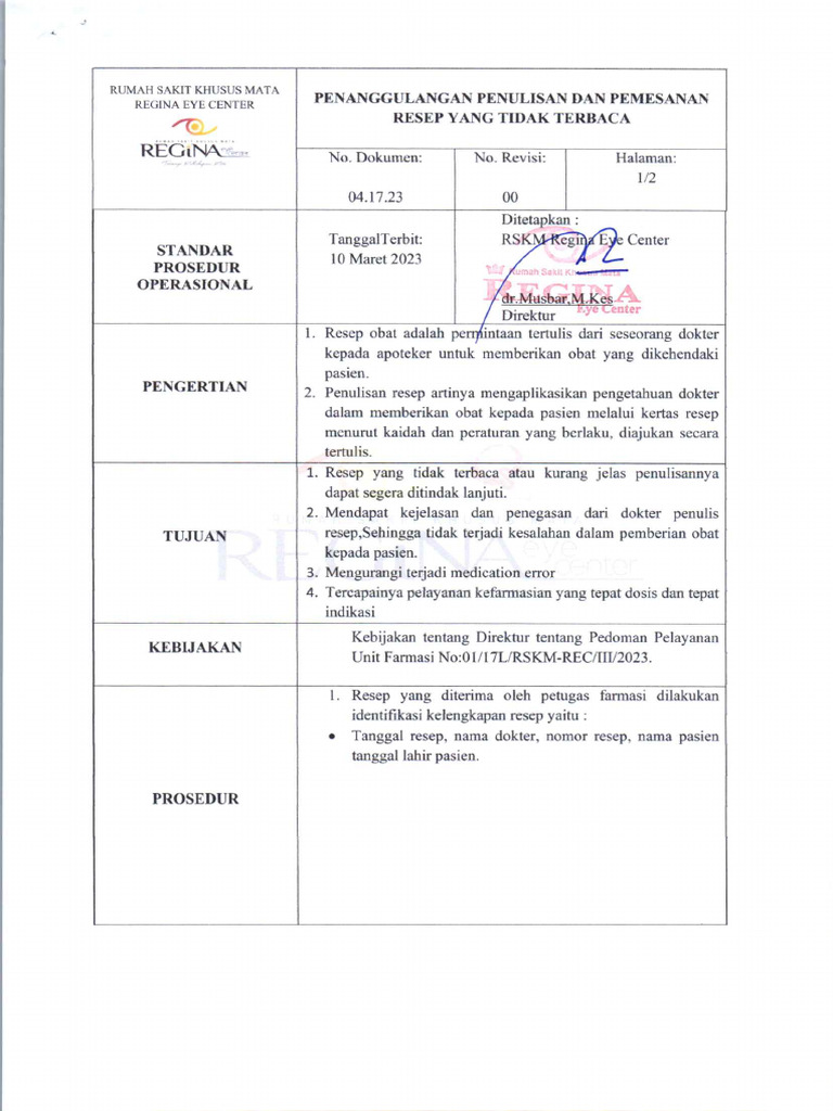 4.spo Penanggulangan Penulisan Dan Pemesanan Resep Yang Tidak Terbaca | PDF