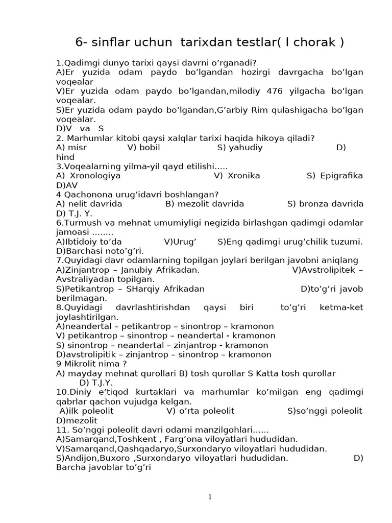 6-Sinflar Uchun Tarixdan Testlar (I Chorak) | PDF