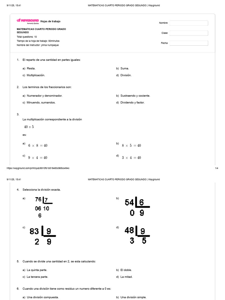 Matematicas Cuarto Periodo Grado Segundo - Wayground | PDF | División ...