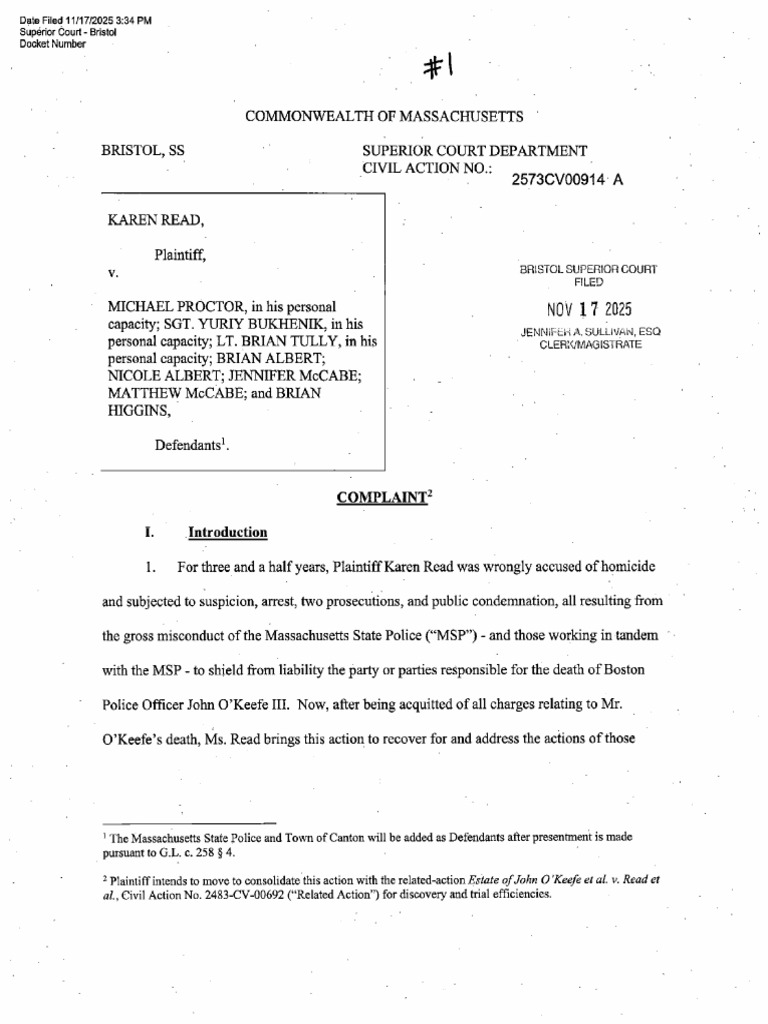 Karen Read files explosive civil lawsuit alleging police cover-up | PDF | Crimes | Crime & Violence
