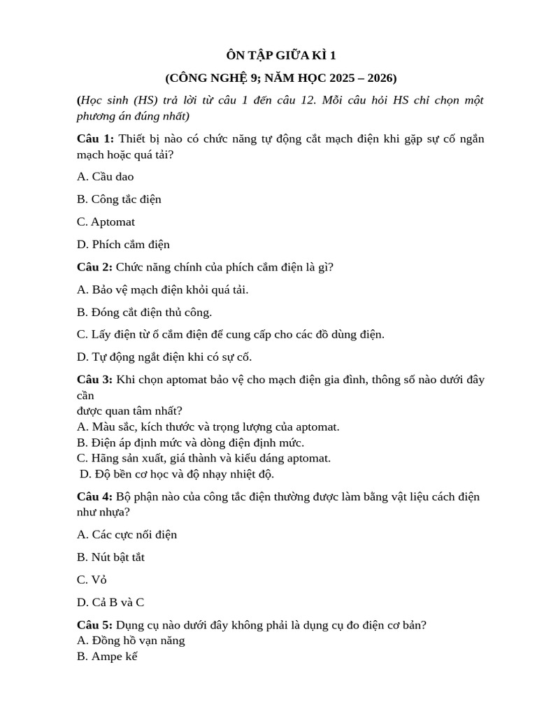 Ôn tập giữa học kỳ 1. CN9.25.26 | PDF