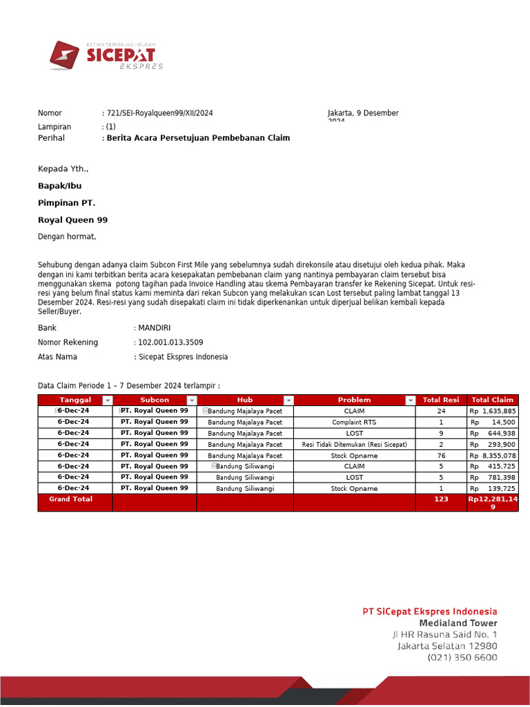 BA Claim Subcon First Mile PT. Royal Queen 99 (Periode 1 - 7 Desember ...