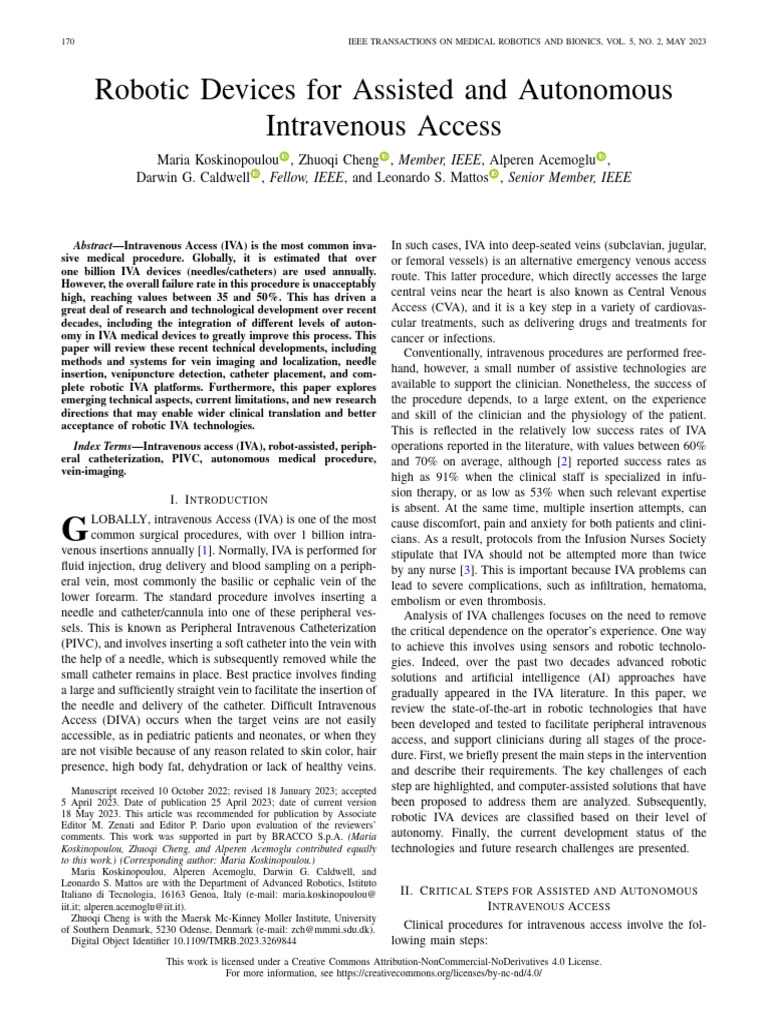Robotic Devices For Assisted and Autonomous Intravenous Access | PDF ...