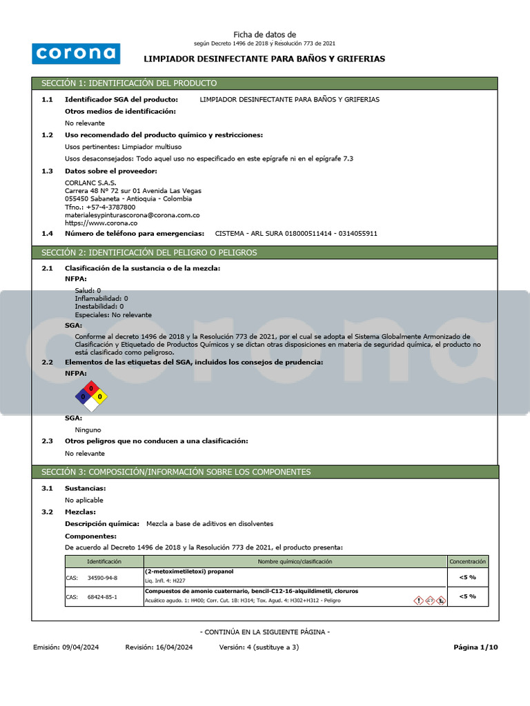 LIMPIADOR DESINFECTANTE FDS | PDF | Residuos | Química