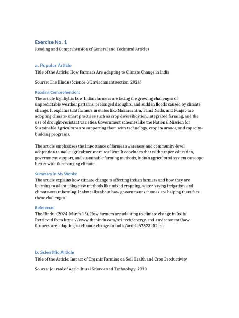 Reading and Comprehension Exercise Tanushree | PDF | Agriculture ...