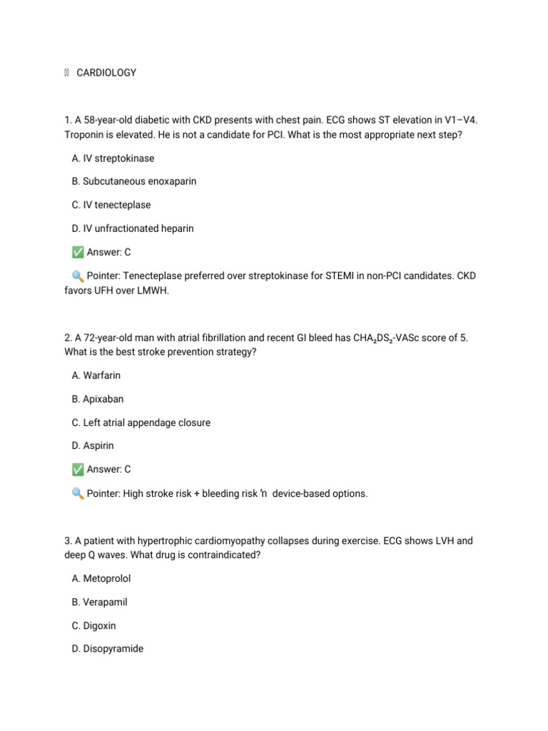 Sample Questions | PDF | Myocardial Infarction | Medical Specialties