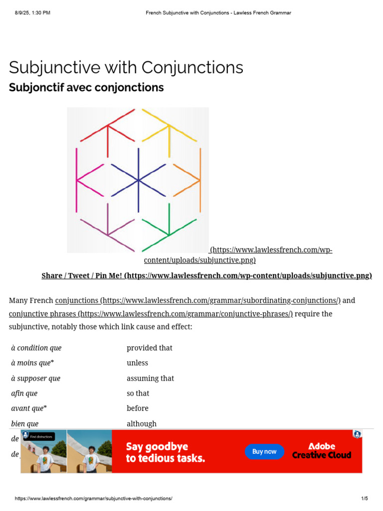 French Subjunctive Conjunctions Guide | PDF | Grammatical Conjugation ...