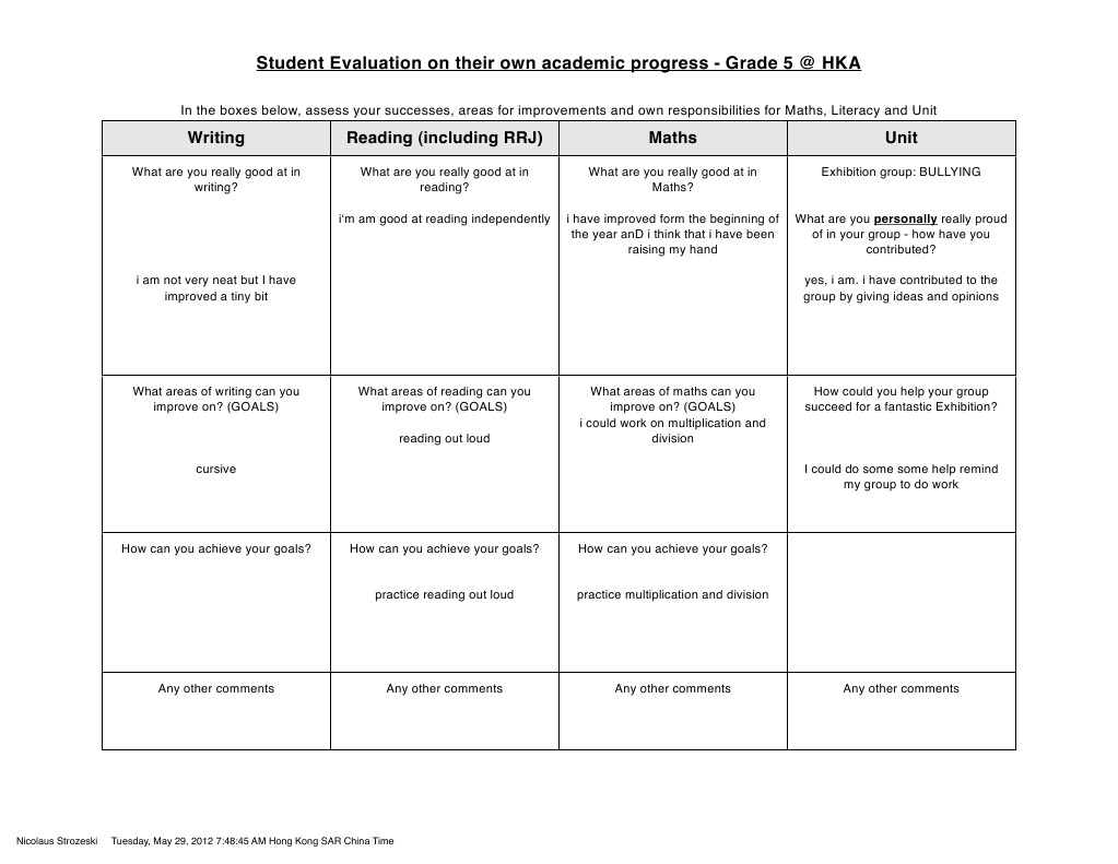 Grade 5 Student Self-Evaluation Report | PDF