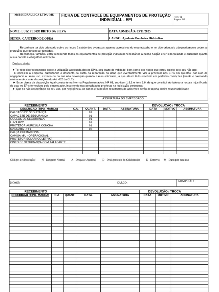 FICHA DE EPI LUIZ PEDRO BRITO DA SILVA | PDF