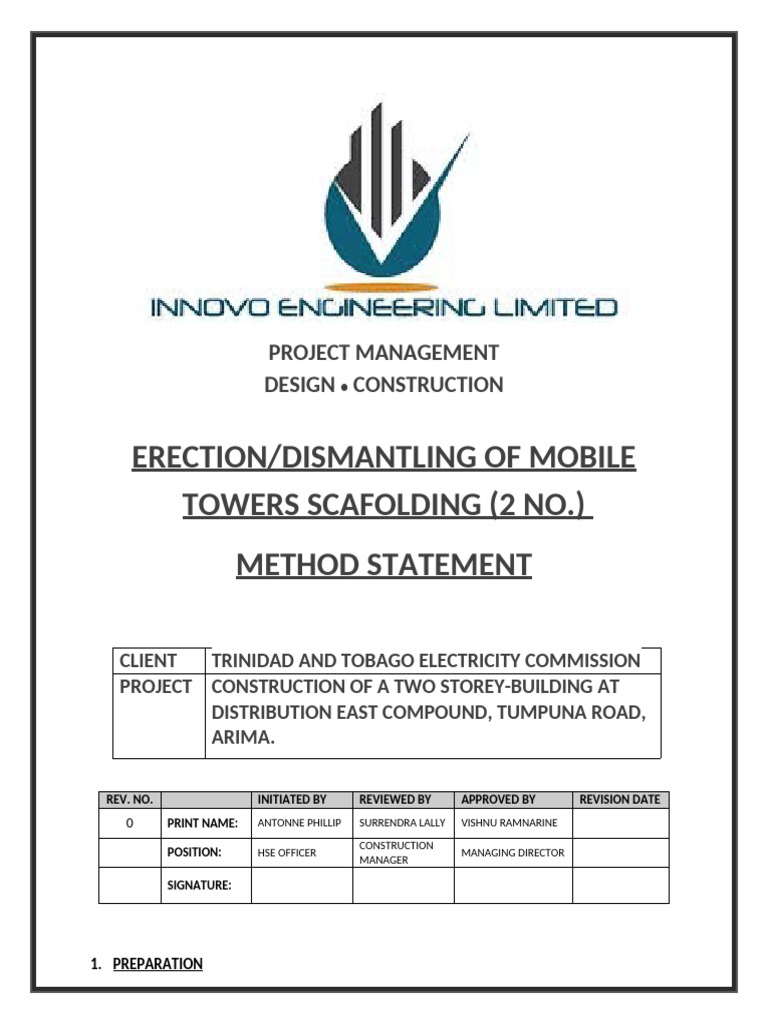 Method Statement for Erection-Dismantle 2 Mobile Tower Scaffold, T&TEC Compound, Tumpuna Road ...