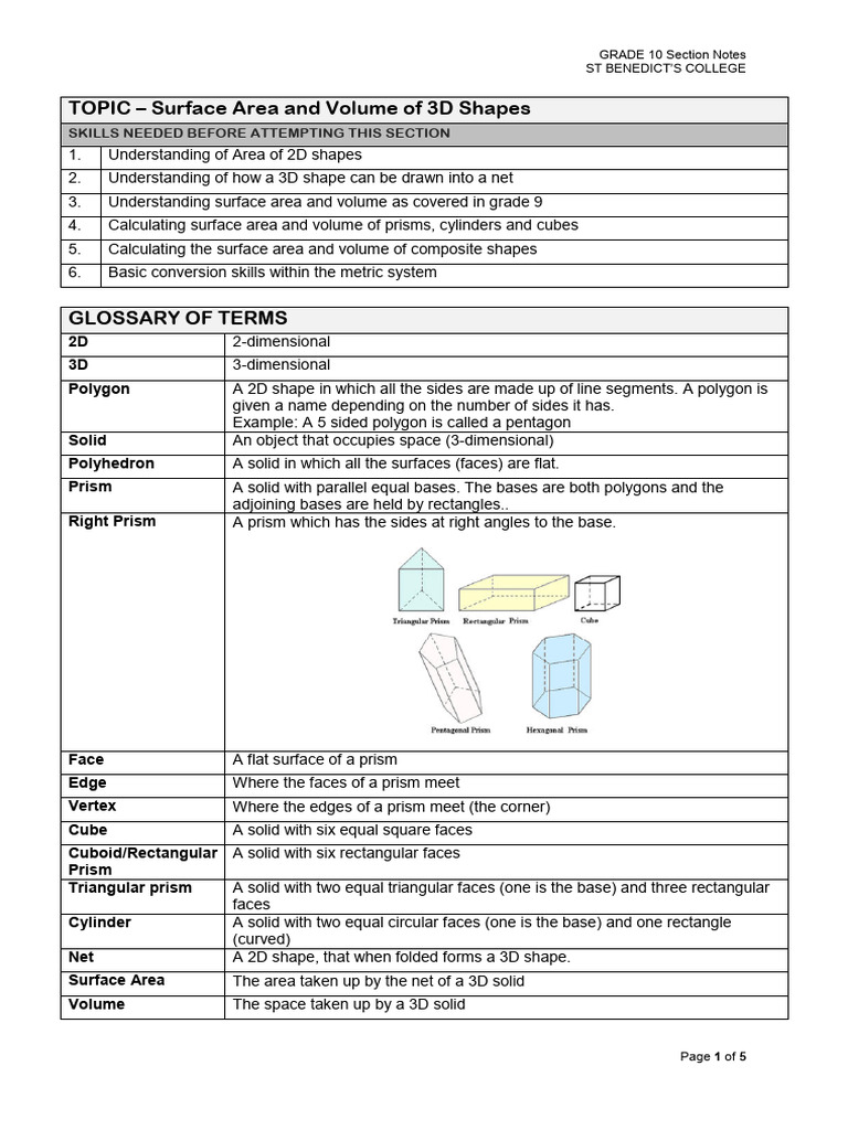 Surface Area & Volume of 3D Shapes | PDF | Volume | Area