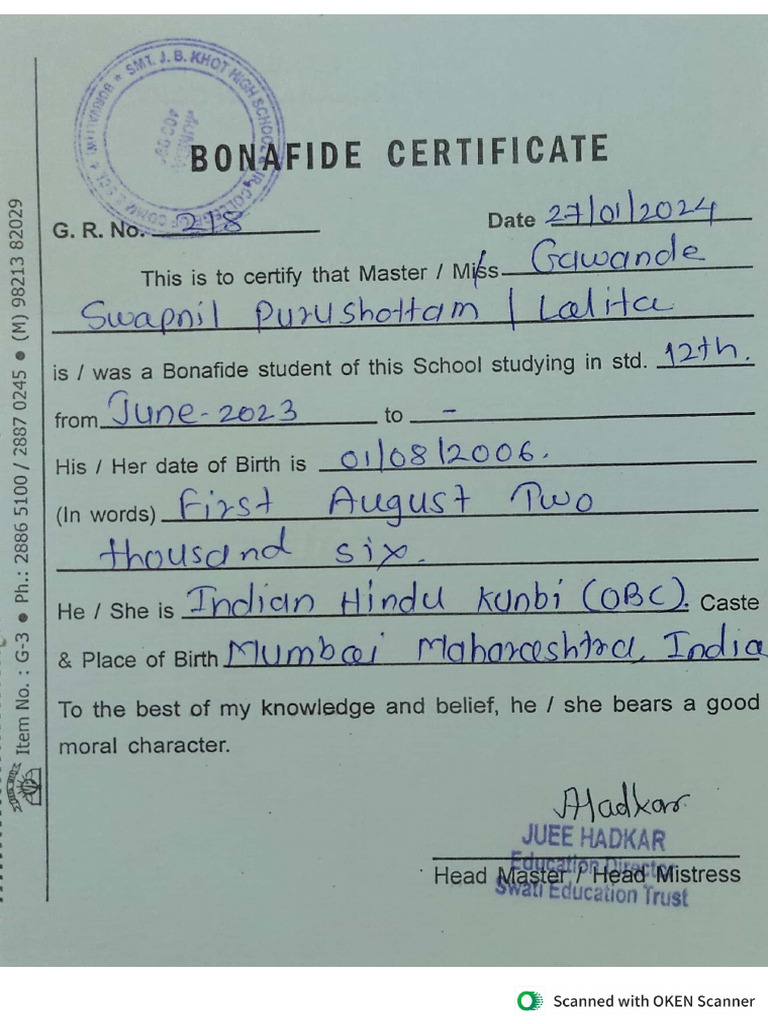 Bonafide Certificate | PDF