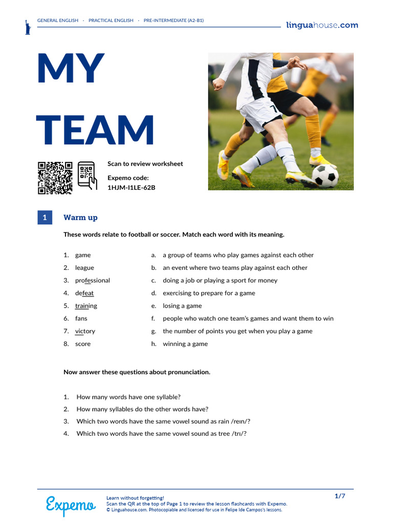 Football Vocabulary and Practice A2-B1 | PDF | Verb | Sentence ...