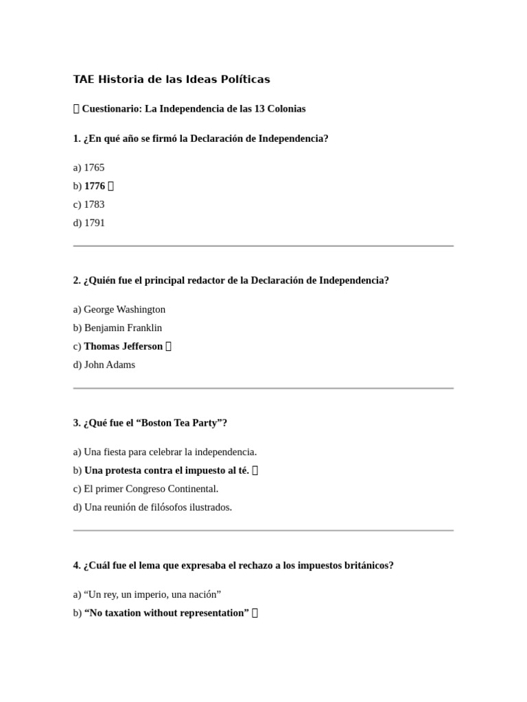 Cuestionario de La Independencia de Las 13 Colonias (Maestro) | PDF
