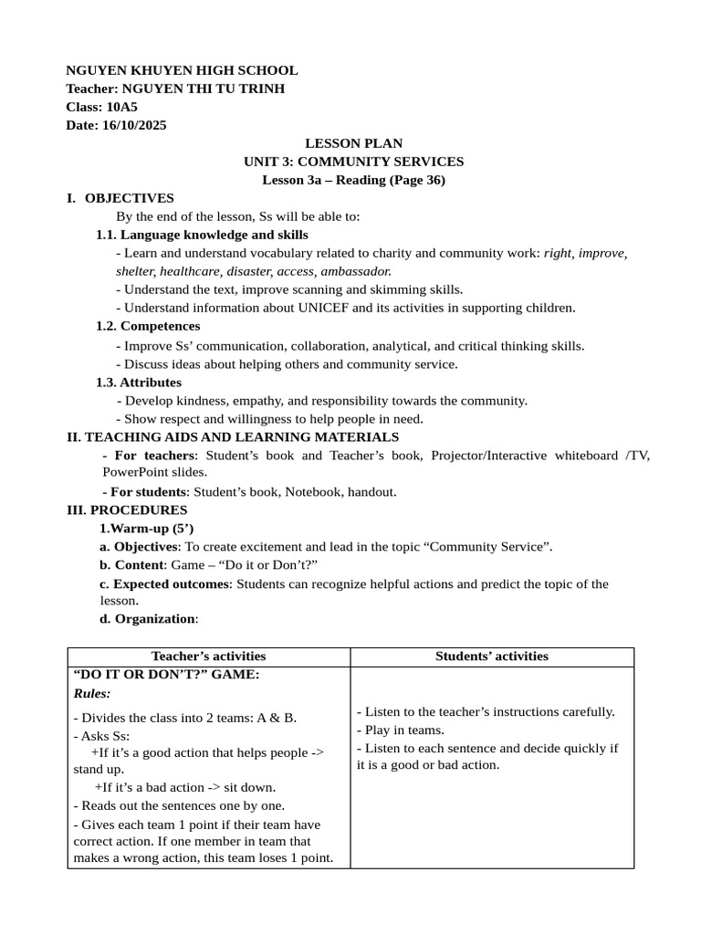 Community Services Lesson Plan 10A5 | PDF | Reading Comprehension ...