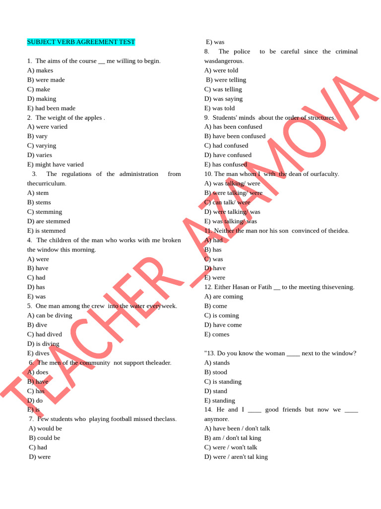 Subject Verb Agreement Test-Teacher - Azamova | PDF | Chess Theory | Chess