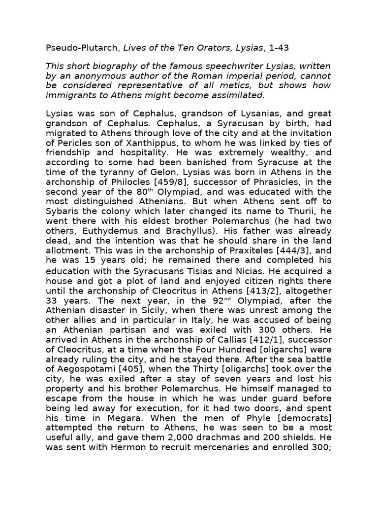 Ancient Biography of Lysias | PDF | Classical Athens | Classical Antiquity