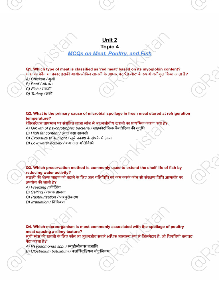 Mcqs U 2 T4 Meat and Fish | PDF