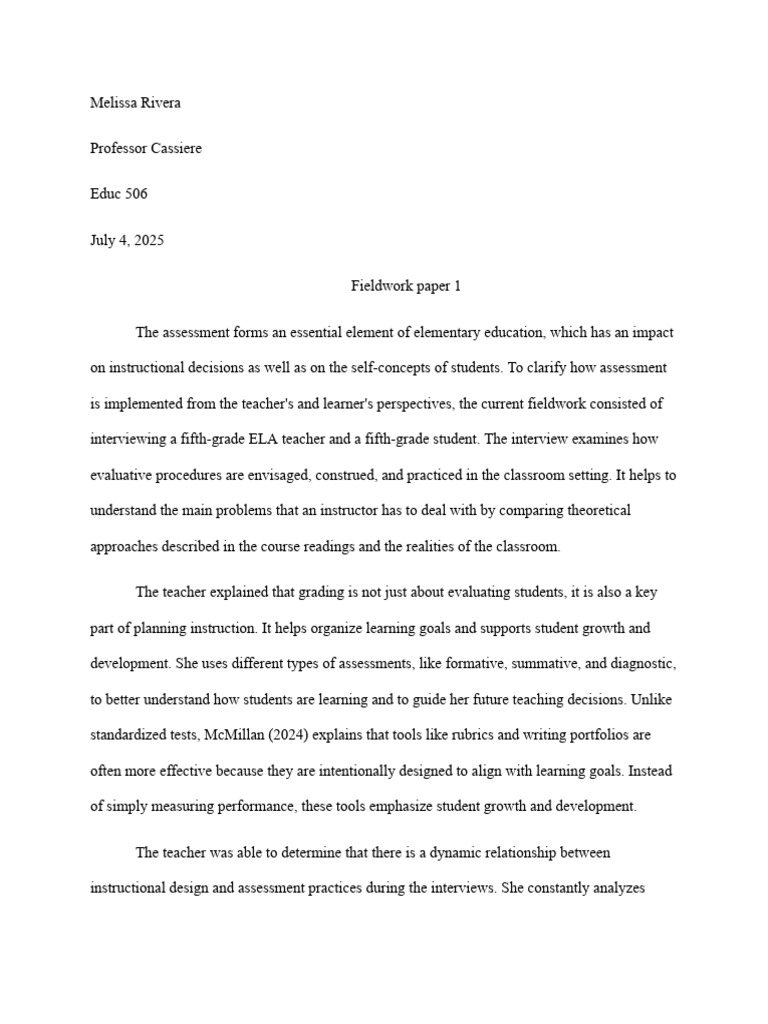 Fieldwork Paper 1 (EDUC 506) | PDF | Educational Assessment | Teachers