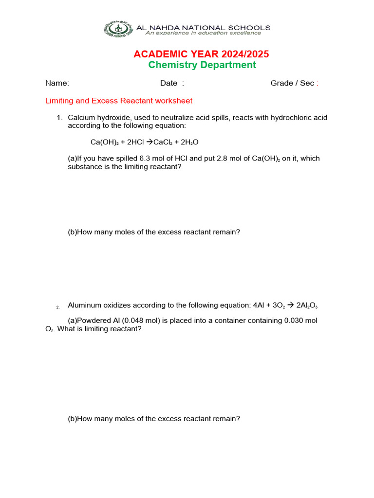 Limiting and Excess Reactants Worksheet | PDF