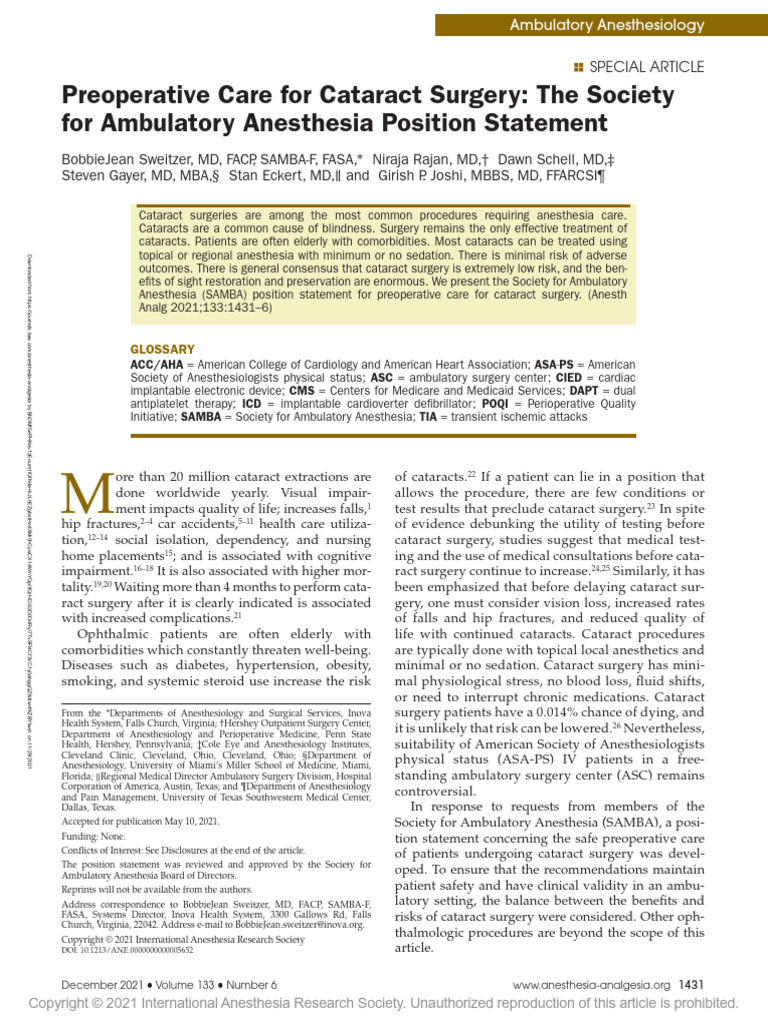 Preoperative Care for Cataract Surgery | PDF | Myocardial Infarction ...